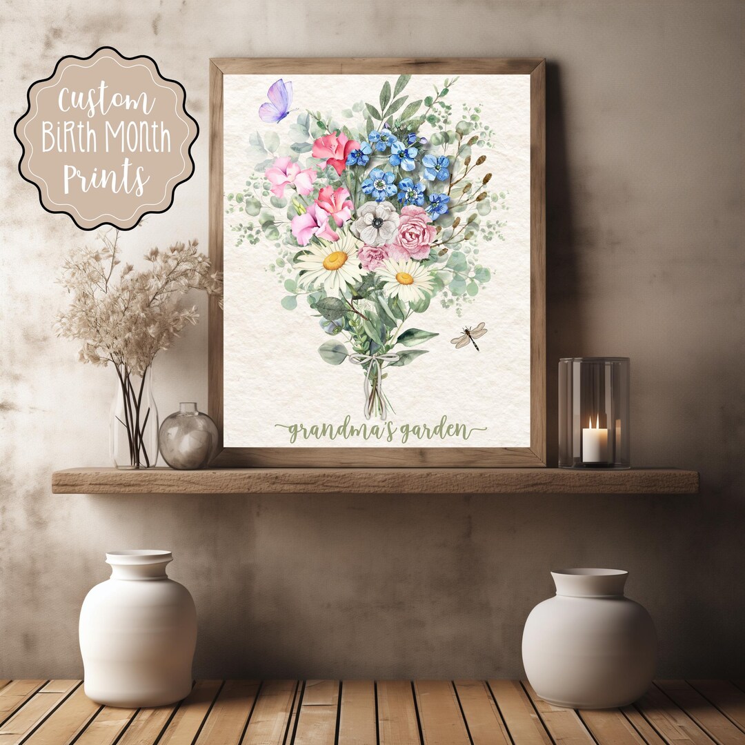 Birth Month Flower Wall Art, Custom Gift for Mom, Vintage Floral Home ...