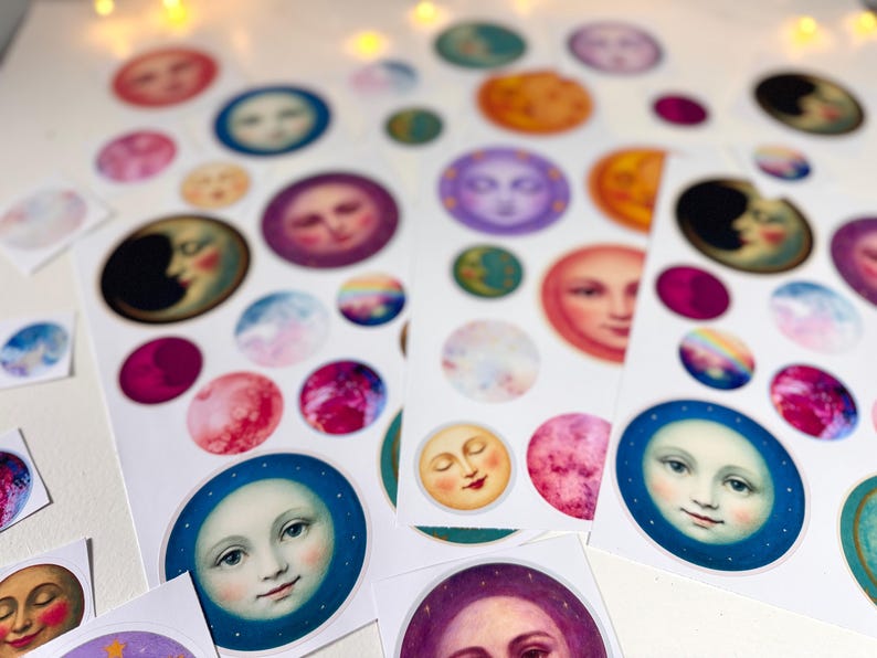 Moon Face Stickers and Planets, Whimsigoth Witchy Gift Lunar Art ...