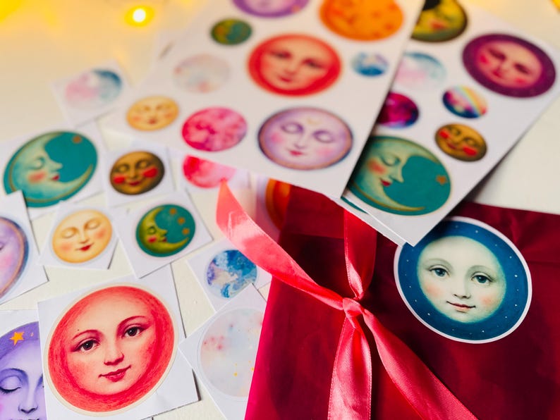 Moon Face Stickers and Planets, Whimsigoth Witchy Gift Lunar Art ...