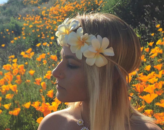 Yellow Hawaiian Plumeria Flower Headband Hula Flowers Lei Festival Rave ...