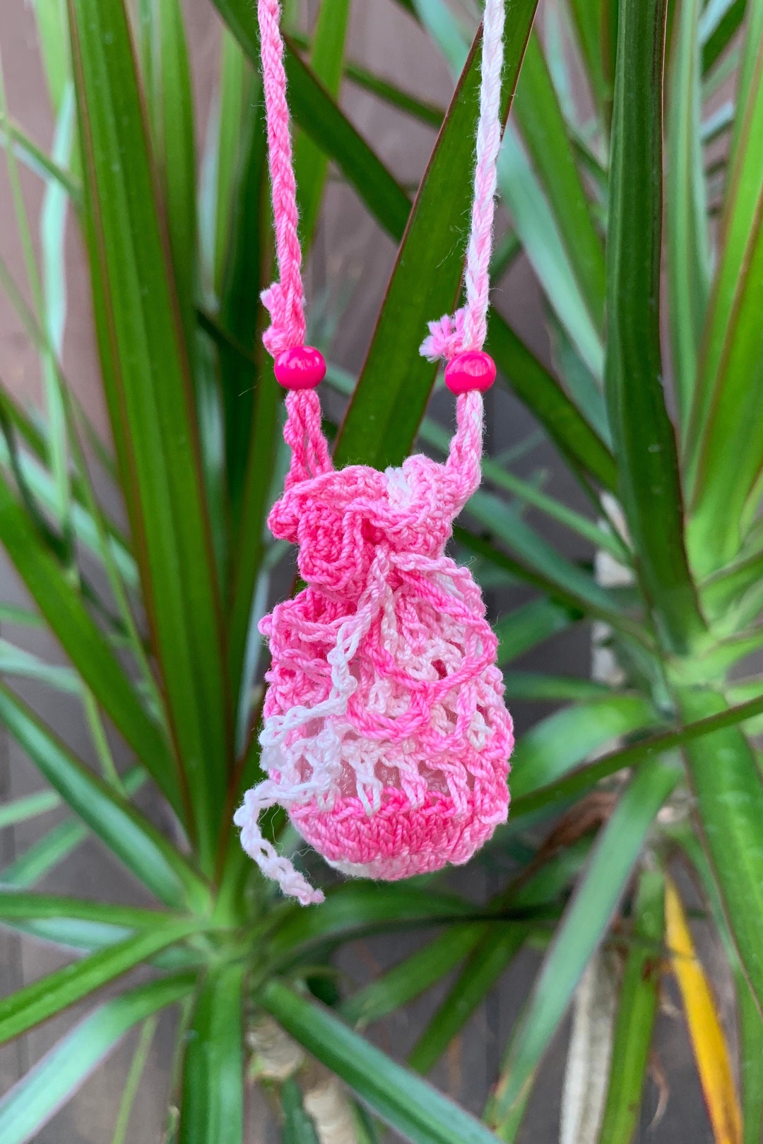 Pink Mini Crystal Crochet Pouch Baggie Necklace With Rough Rose Quartz ...