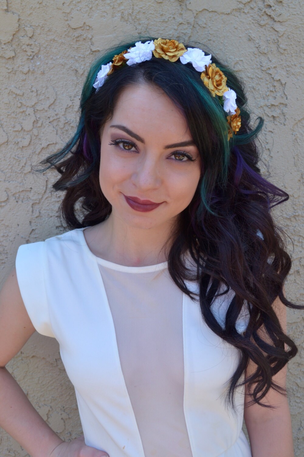 Rose Headband Gold White Flower Headband Gold White Roses Etsy
