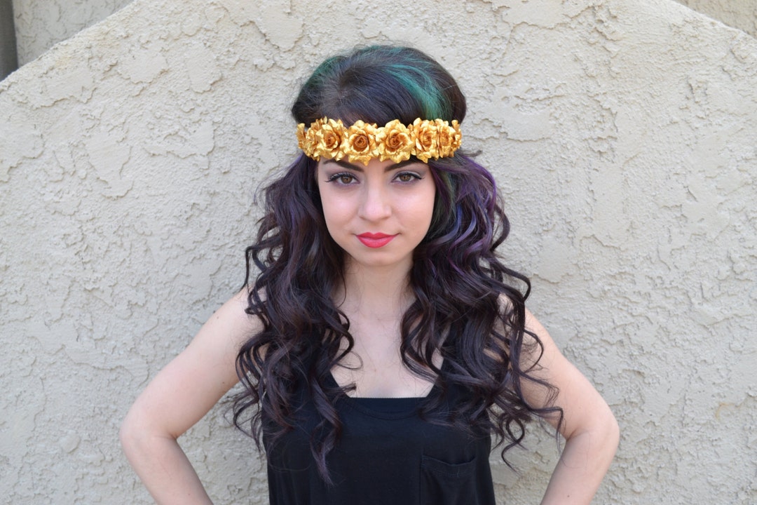 Gold Rose Headband - Metallic Flower Headband - Golden Roses - Leather ...