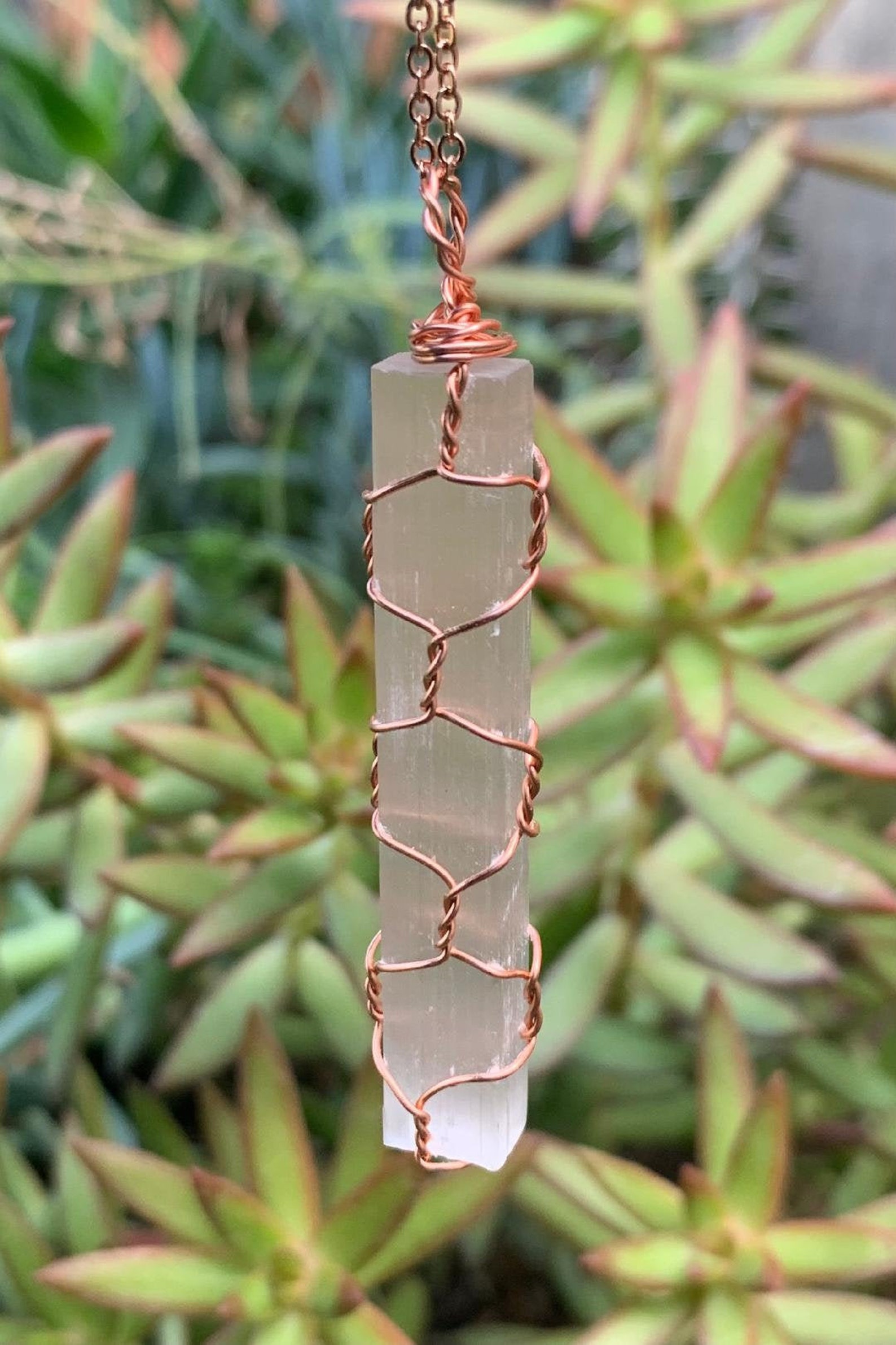 Wire Wrapped White Selenite Stick Wand Bar Pendant Necklace - Unique ...