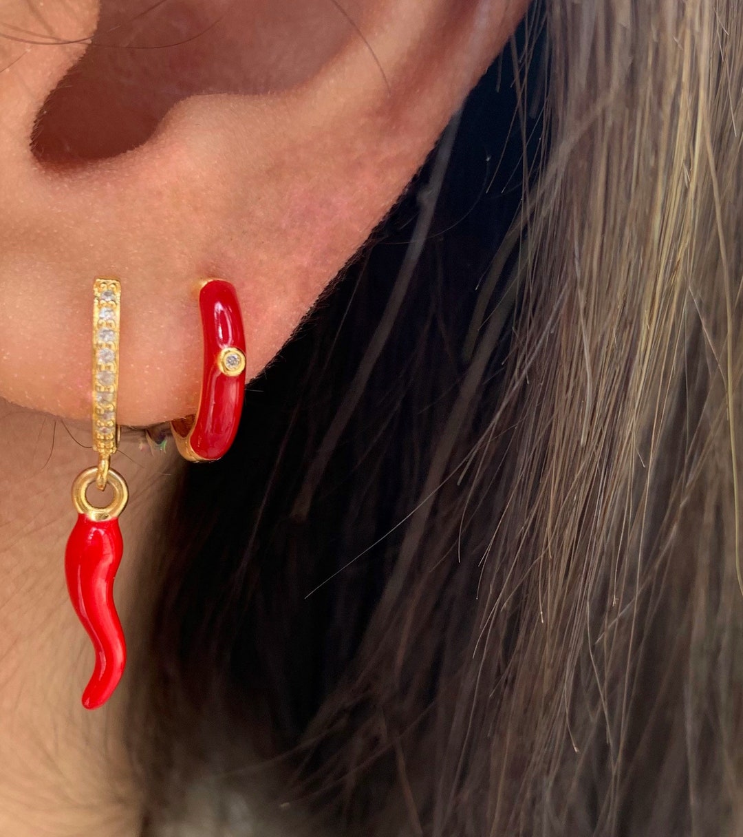 Mini Zircon Hoops With Red Chili Pepper, Zircon Hoops With Chili Pepper, Gold Earrings With Red ...