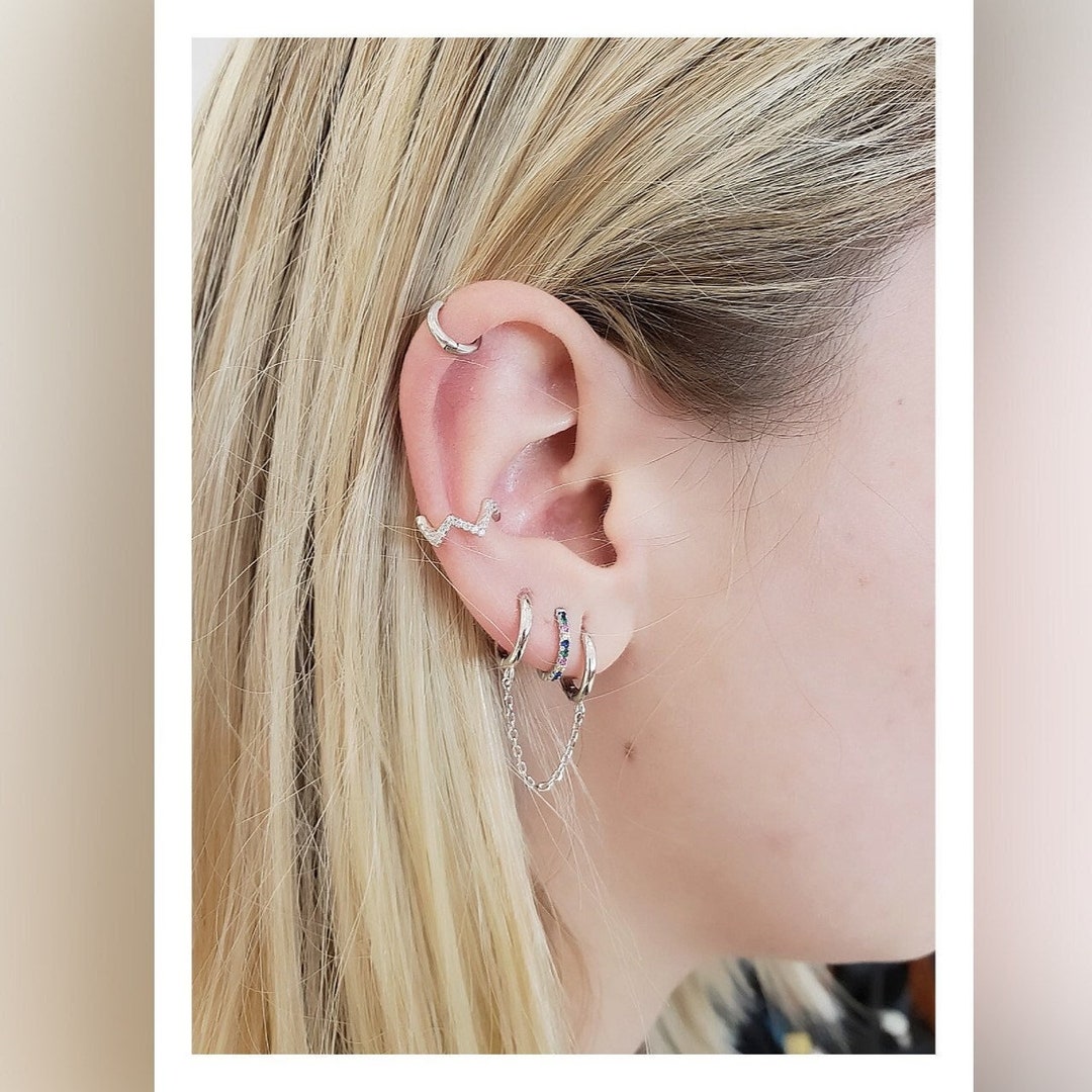 Mini Double Hoops With Sterling Silver Chains, Simple Hoops With Chain ...