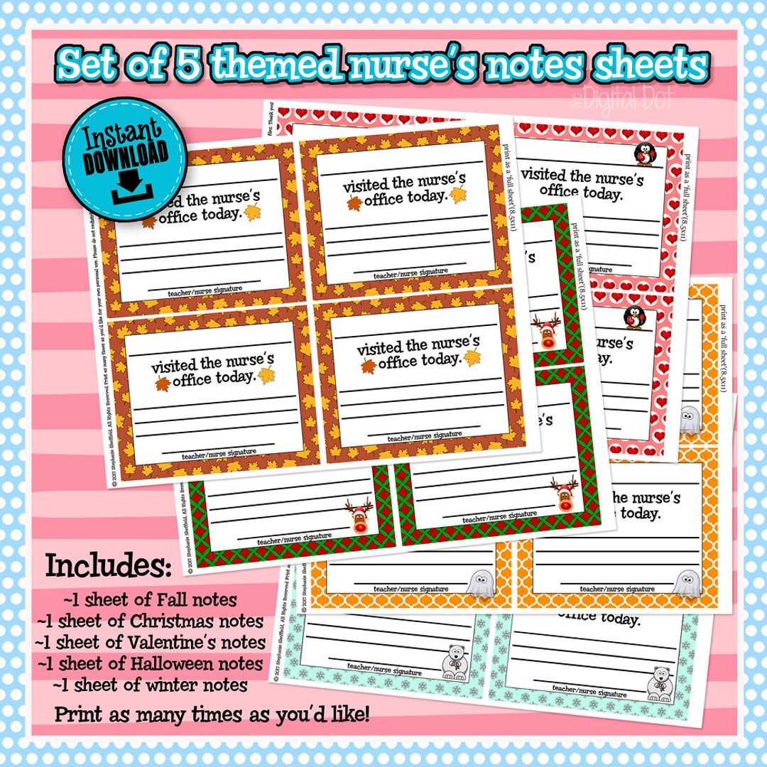 Set of 5 Themed School Nurse Notes, Nurse Parent Notes, School Nurse ...