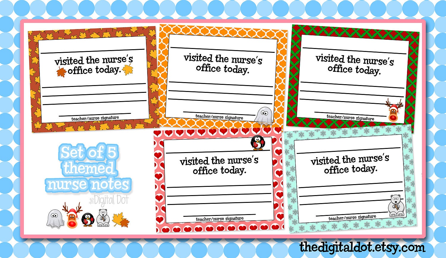 Set of 5 Themed School Nurse Notes, Nurse Parent Notes, School Nurse ...