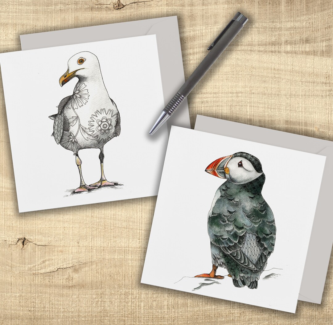 Puffin Card and Seagull Card Set of 2, Sea Birds Art Cards, Puffin ...