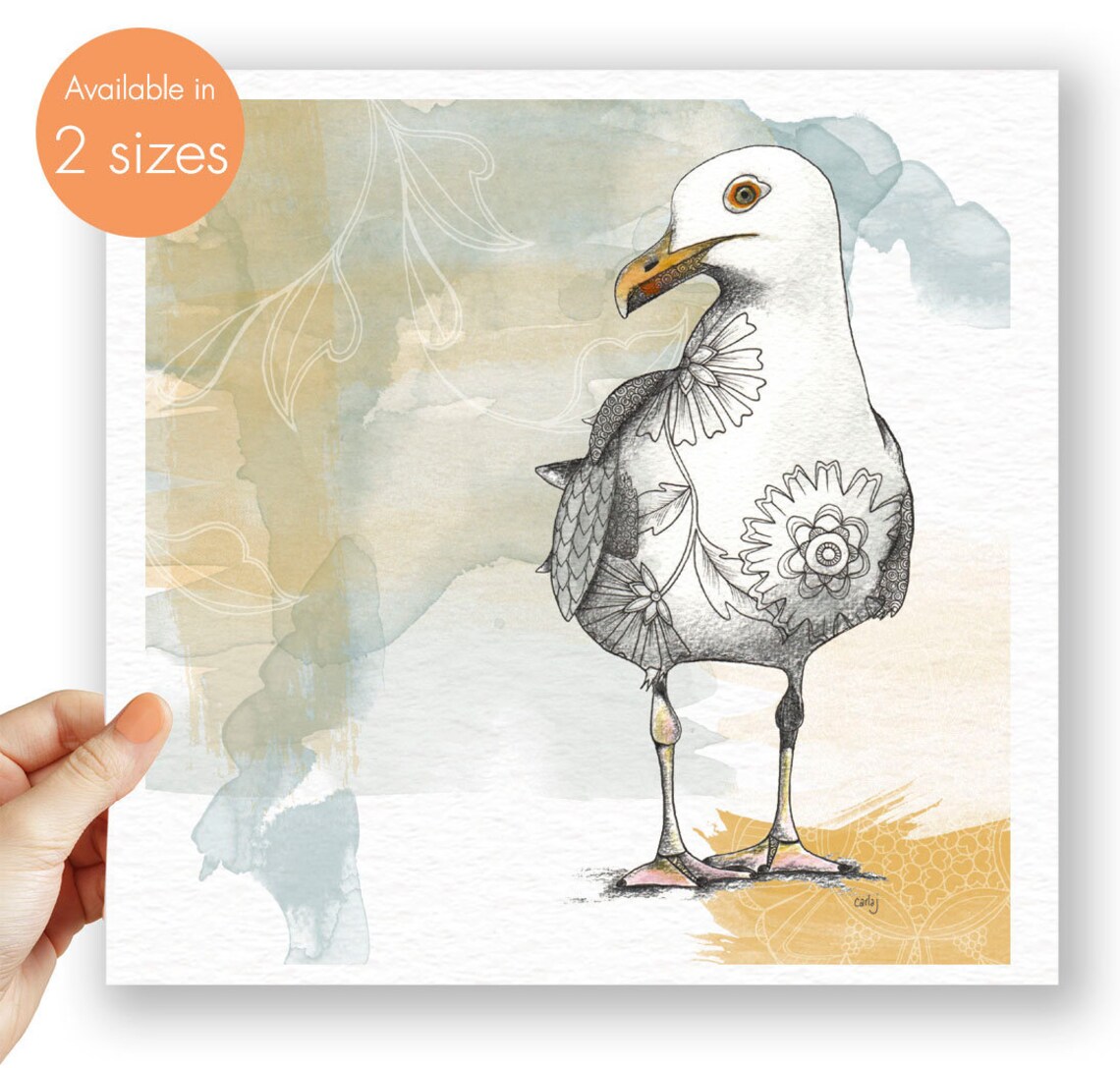 Seagull Print Bird Illustration Art Yellow and Blue Coastal - Etsy