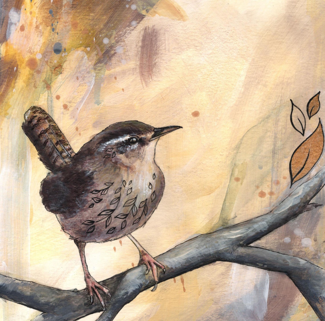 Wren Painting Original Bird Art in Autumn Colours & Gold Leaf | Etsy