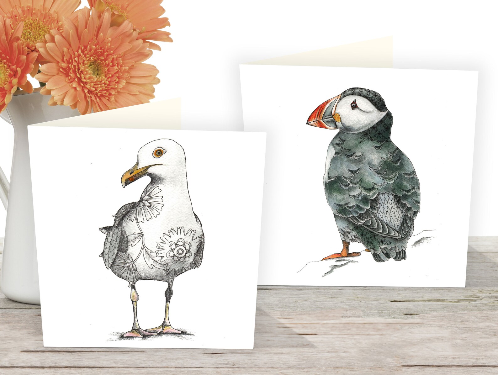 Puffin Card and Seagull Card Set of 2 Sea Birds Art Cards | Etsy