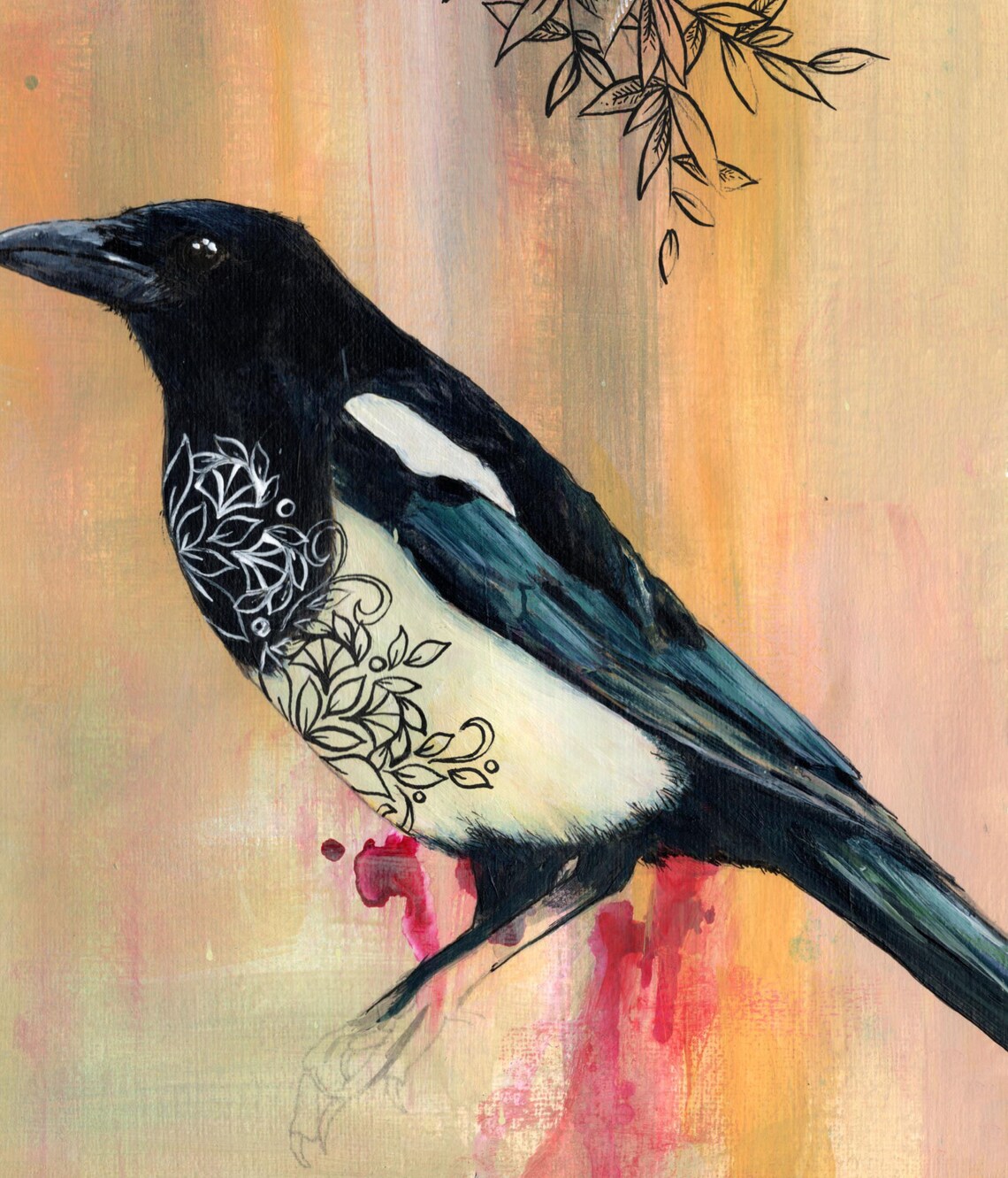 Two Magpies Art Original Bird Painting, Beautiful Art by Artist, Mixed ...