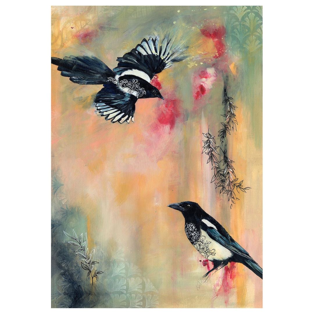 Two Magpies Art Original Bird Painting, Beautiful Art by Artist, Mixed ...