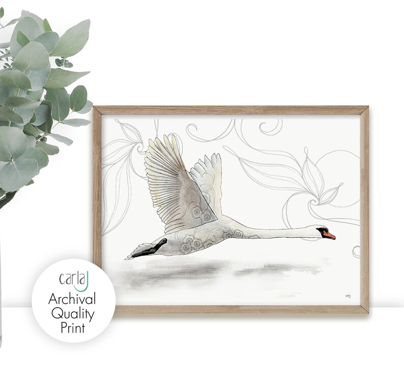 Swan Art Print Set of 2 Calming White and Grey Prints | Etsy