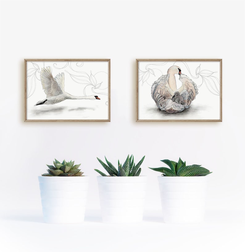 Swan Art Print Set of 2 Calming White and Grey Prints | Etsy