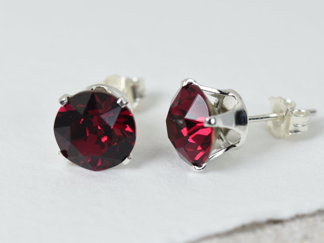 Ruby Red Sterling Silver Stud Earrings, 925 Silver Crystal Earrings, Everyday Minimalist Sparkly ...