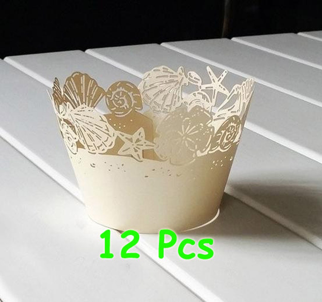 12 Pcs Ivory Stencil Sea Shell Cupcake Holder Shell Starfish Wrapper ...