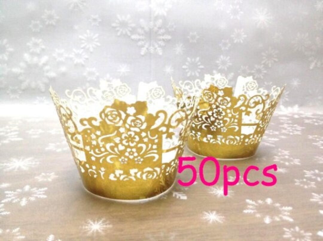 Metallic Gold Gift Cupcake Wrappers Stencil Fancy Flower Wrapper Flower ...