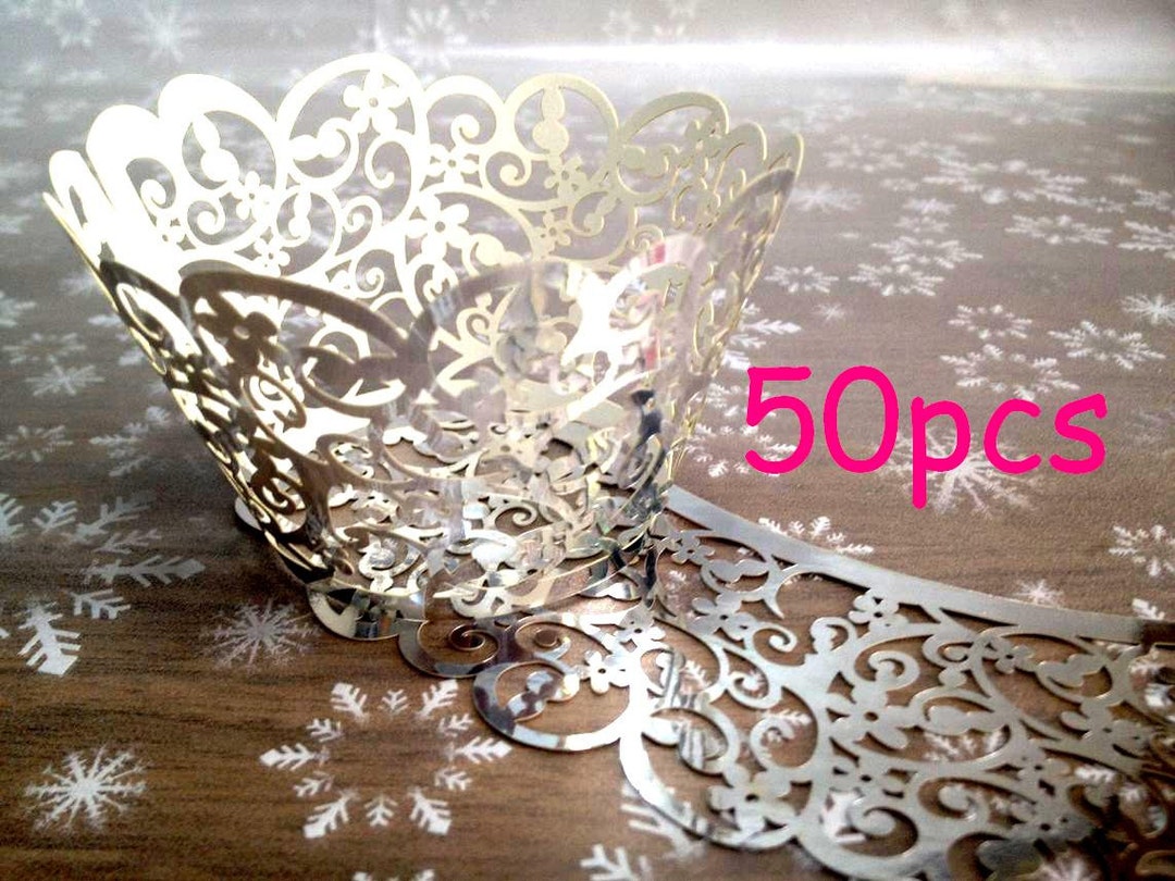 Silver Wedding Party Wrapper Filigree Paper Laser Cupcake Wrapping ...