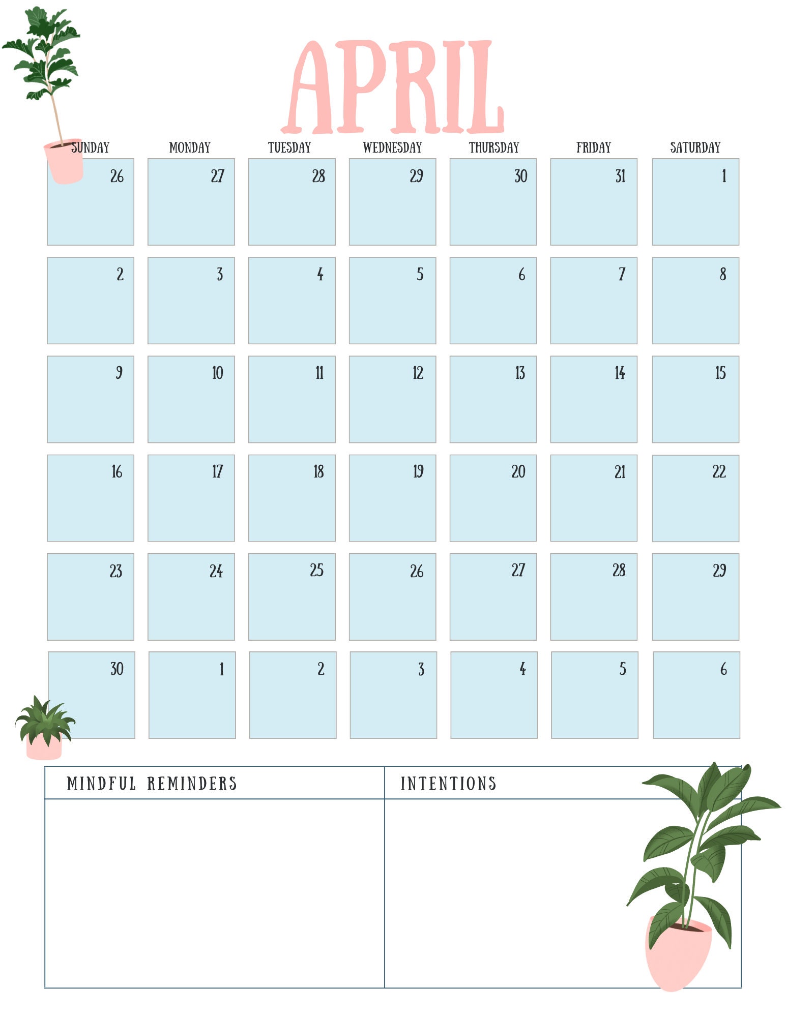 Monthly Calendar With Mindful Reminders - Etsy