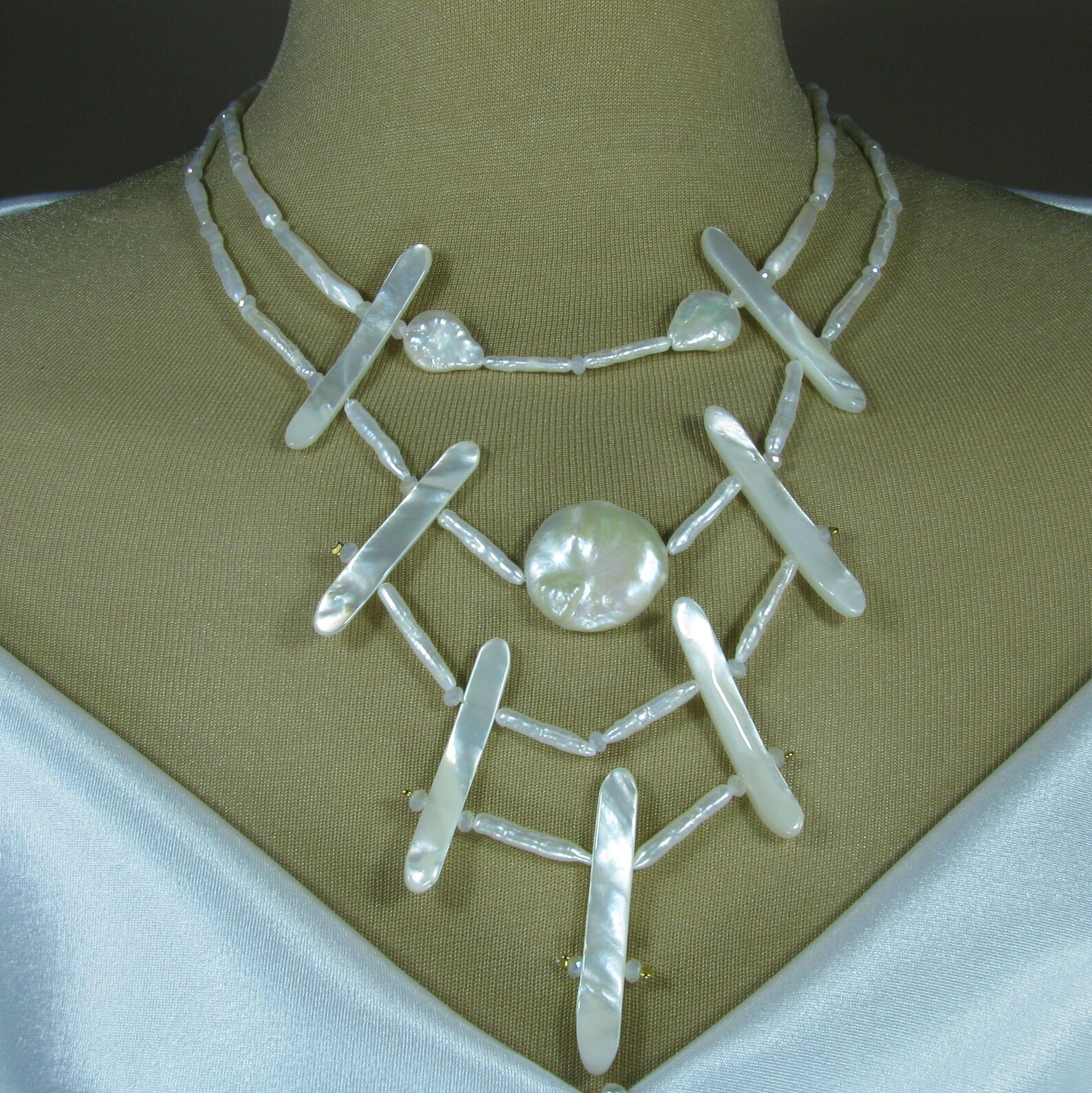 Cultured Pearls and Mother of Pearl Necklace Pendant With Crystals ...