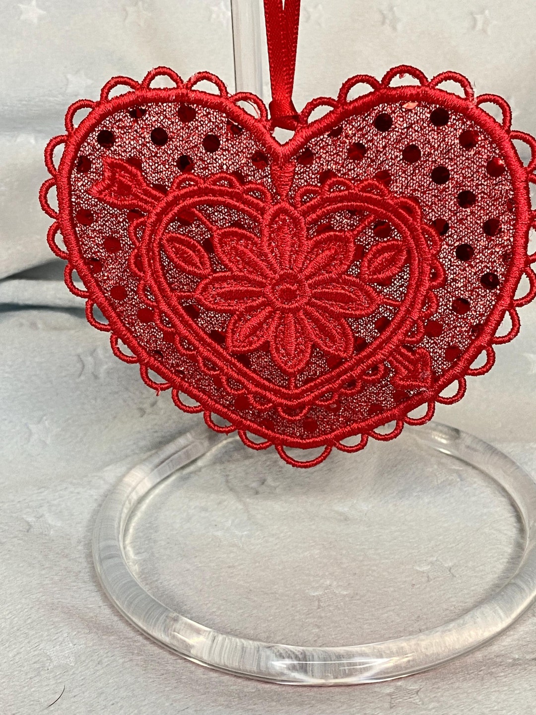 3D Heart Embroidery: Red Lace on Faux Metallic Chiffon, 3.5". Double ...
