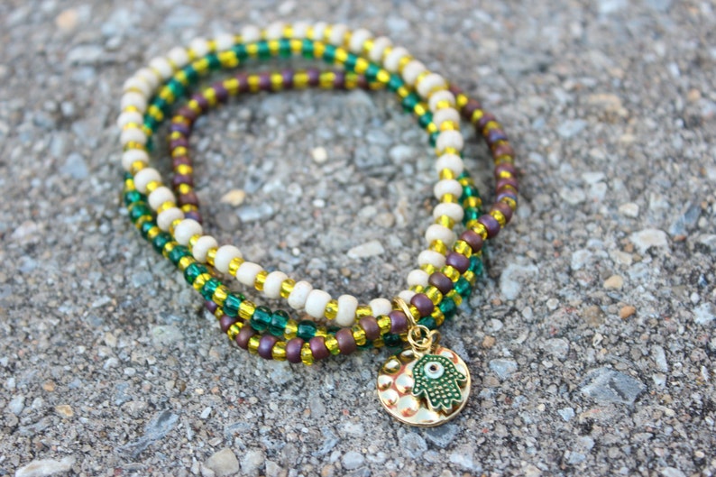 Shambala Bracelet Trio Hand of God seed bead golden stretchy | Etsy