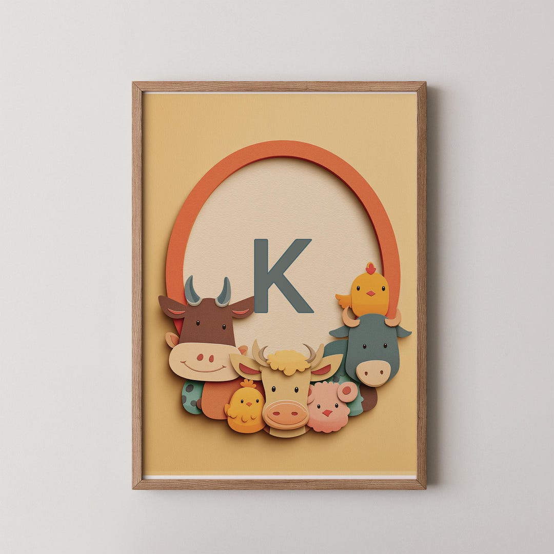 K Farm Animals Alphabet Letter Nursery Wall Art Printable, Neutral ...
