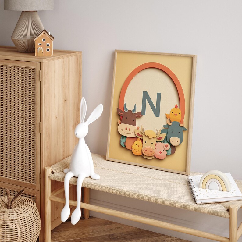 N Scandinavian Nursery Alphabet Letter Print, Neutral Farm Animals Wall ...