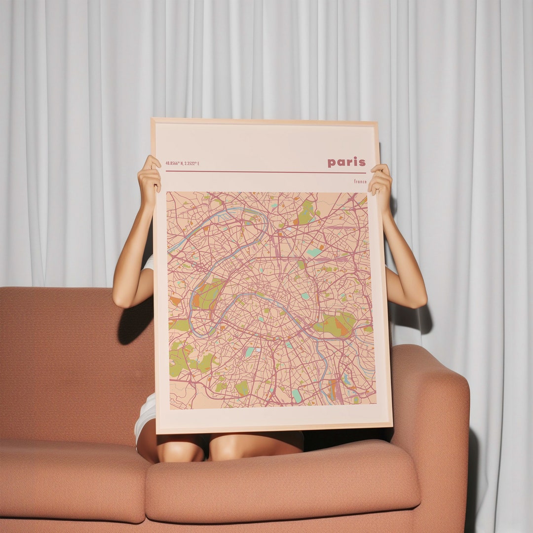Colorful Funky Paris City Map Art Print, Trendy Retro Vintage Wall Art ...