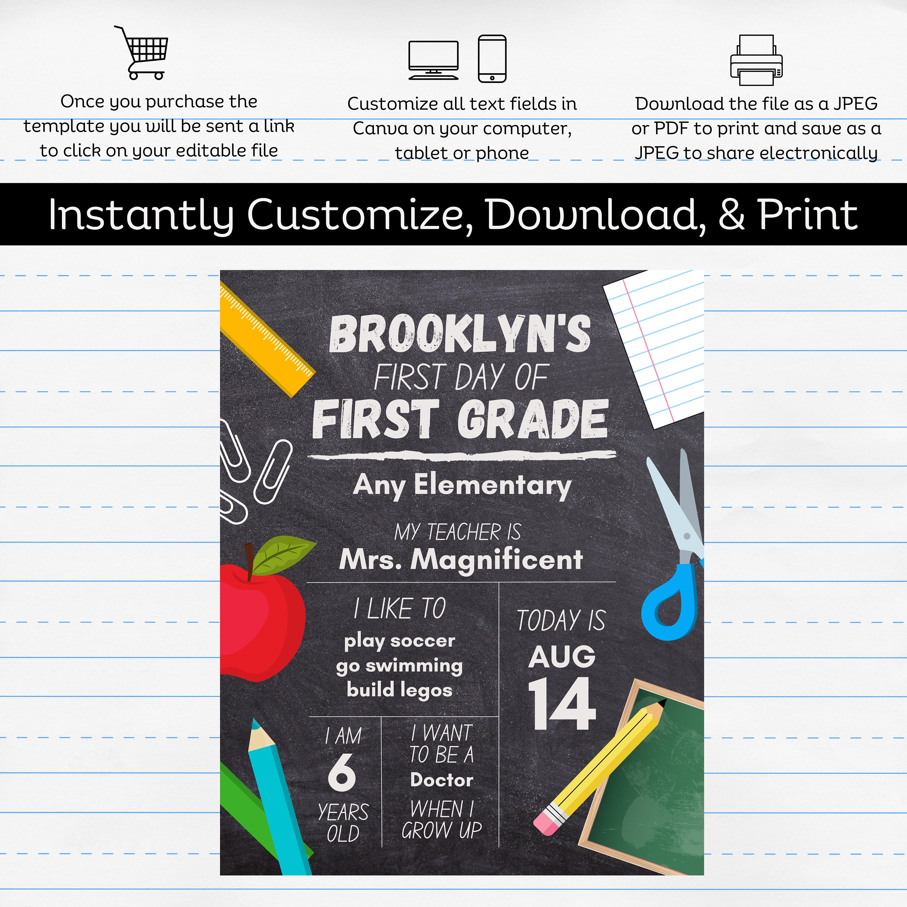 Editable First Day of School Sign: Canva Template (digital) - Etsy