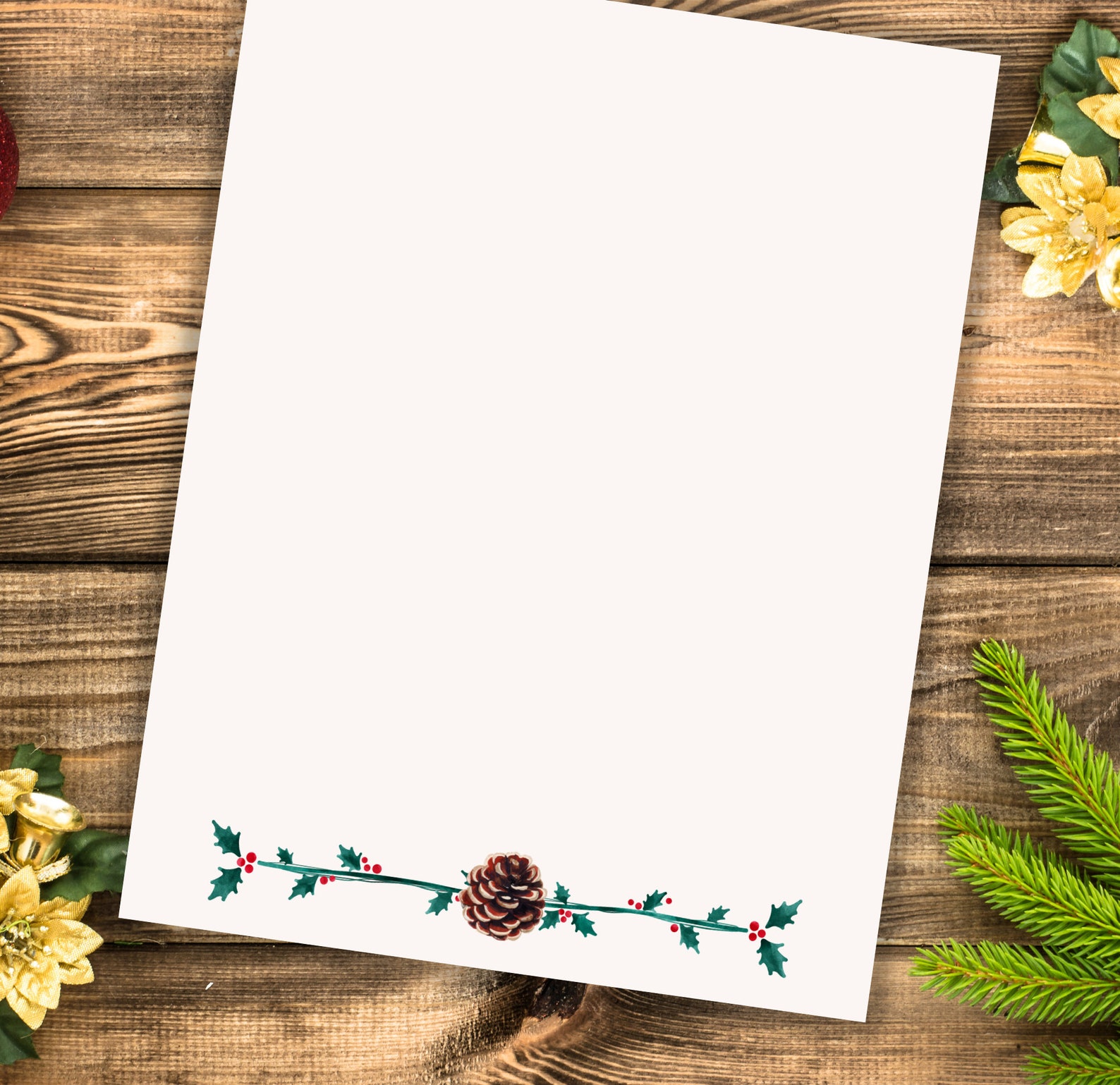 Printable Christmas Stationery, Holly Berry, Acorn, Writing, US Letter ...