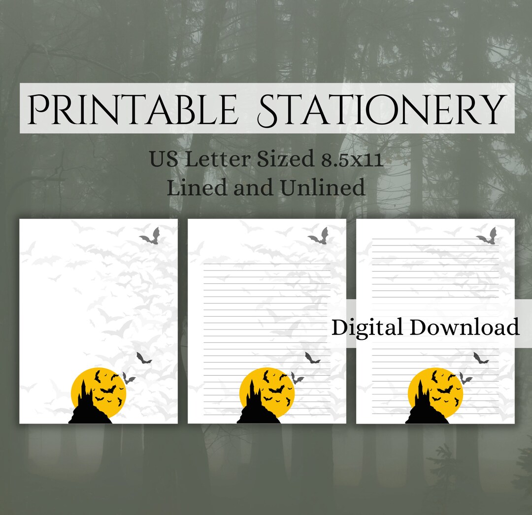Printable Spooky Bat Stationery, Halloween, Tower, Moon US Letter Size ...