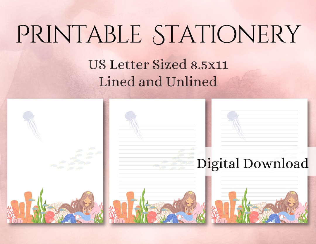 Printable Mermaid, US Letter Size, Letterhead, Lined & Unlined| Instant ...