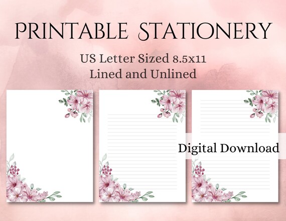 Printable Pink Floral US Letter Size Letterhead Lined & - Etsy