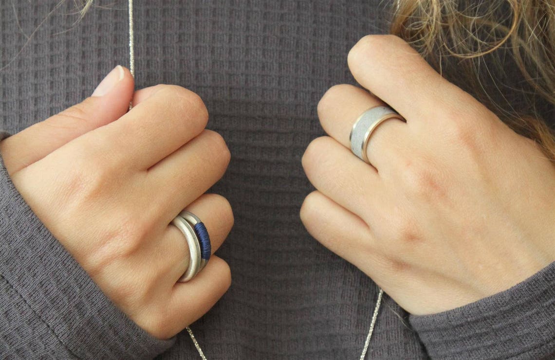 Silver and Concrete Red Thread Band Ring - Etsy