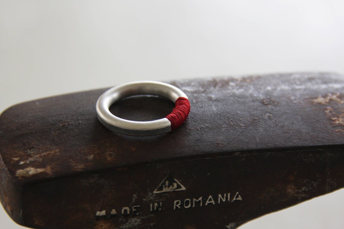 Silver and Concrete Red Thread Band Ring - Etsy