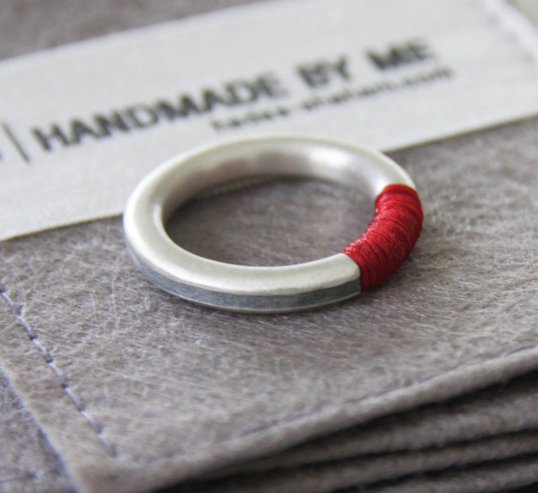Silver and Concrete Red Thread Band Ring - Etsy