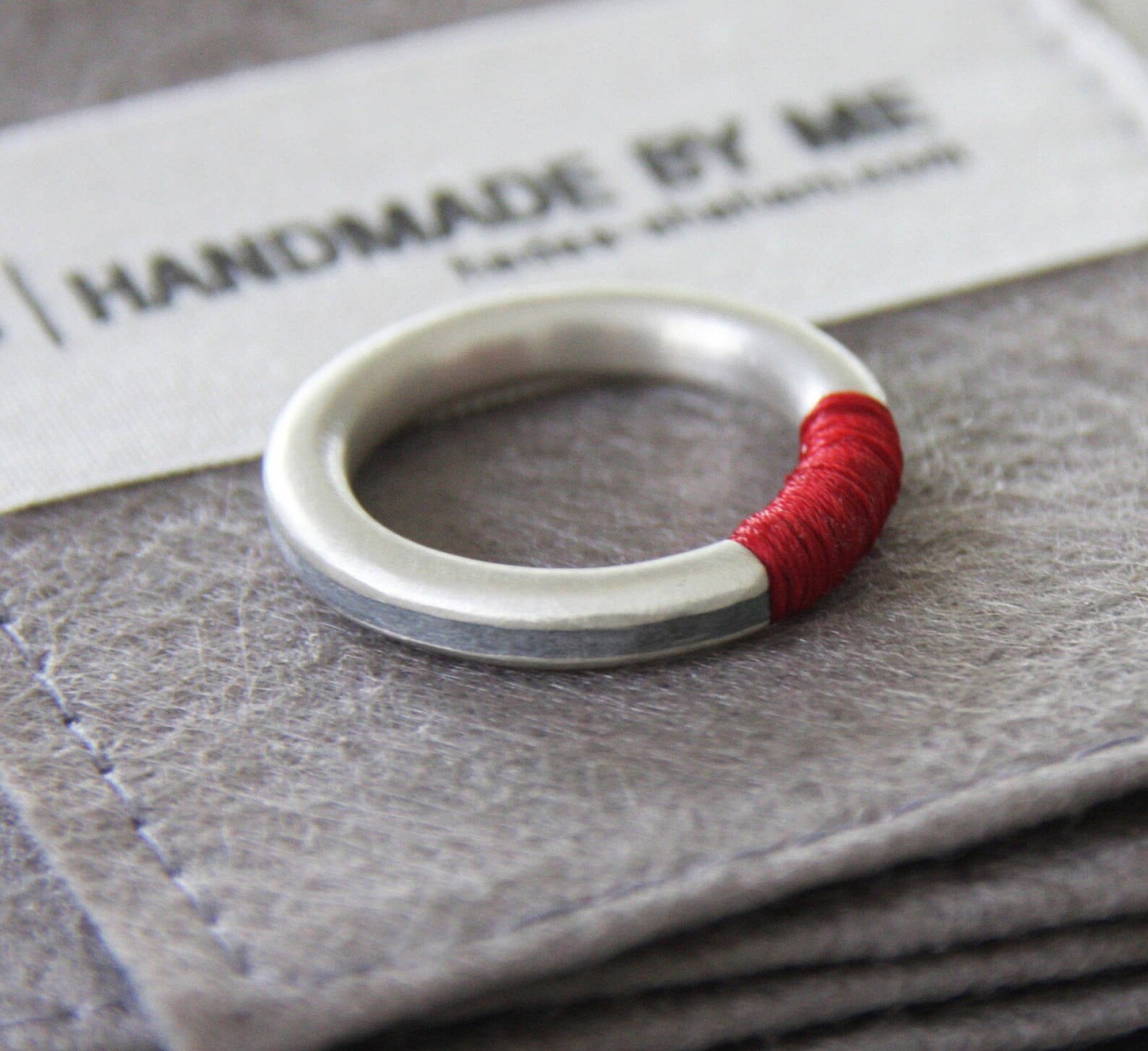 Silver and Concrete Red Thread Band Ring - Etsy