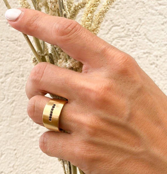 14K Yellow Gold Wide Band Ring Set With 7 Black Diamonds | Etsy