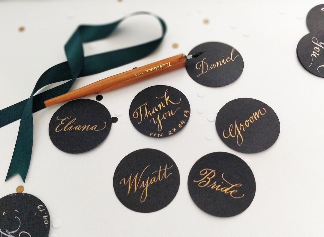 Black Gift Tags Round With GOLD Ink Calligraphy Thank You, Gift Tags ...