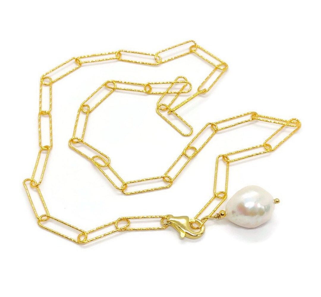 Gold Vermeil Textured Paper Clip Necklace, Baroque Pearl, June ...