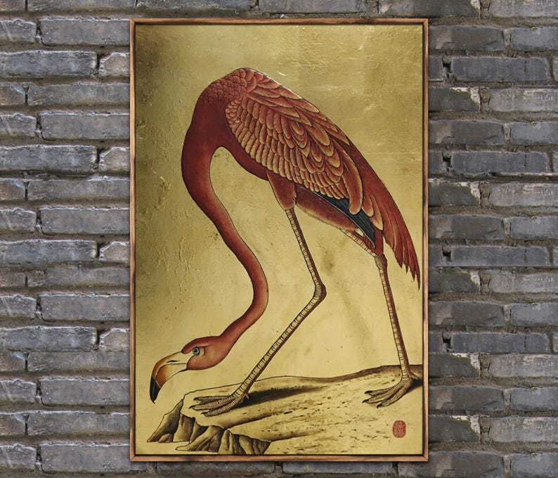 Flamingo Painting, Gold Leaf, Chinese Lacquer, Framed Original - Etsy