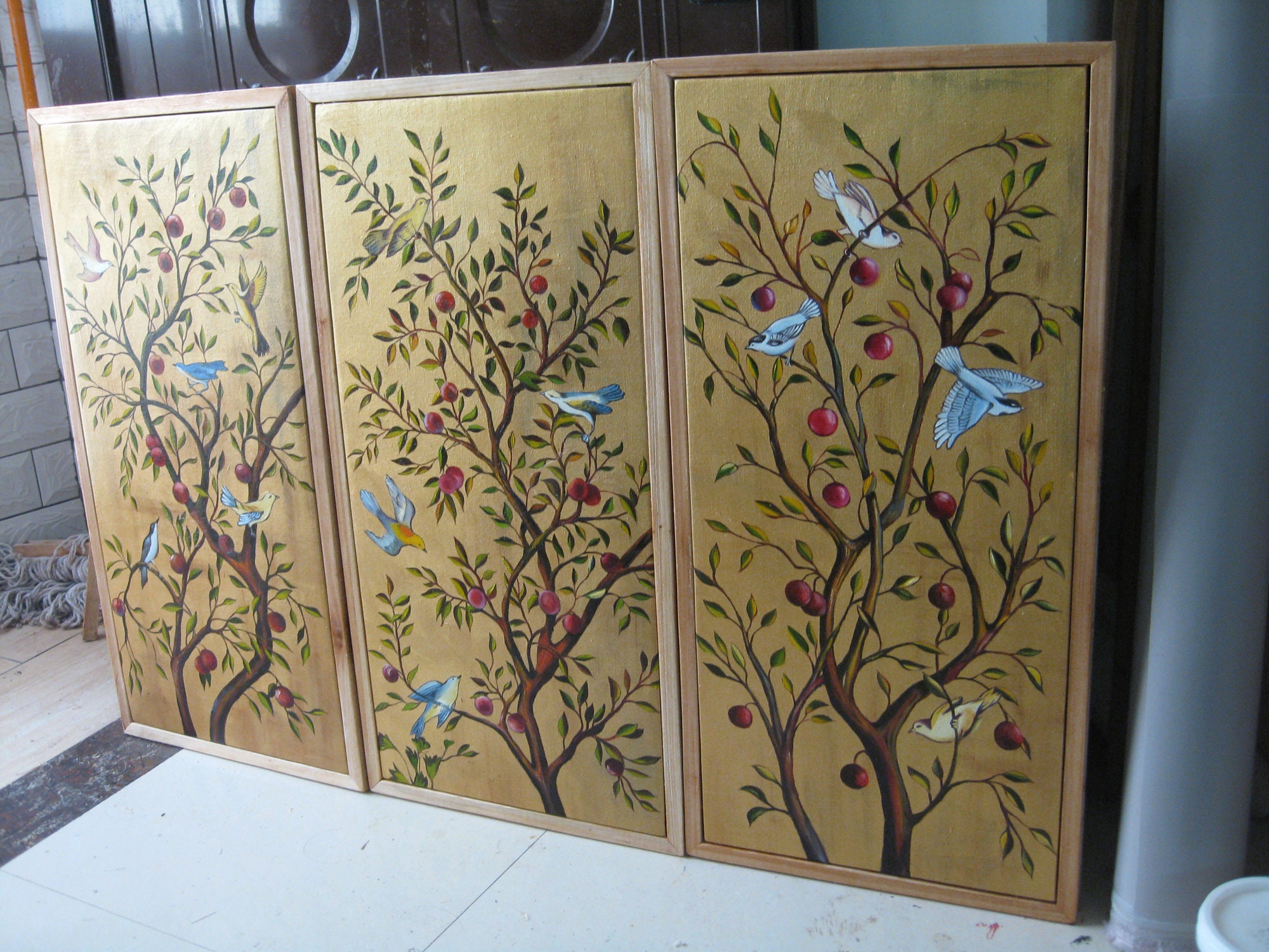 Framed Triptych Oil Painting: Birds in Fruit Trees, Large Wall Art - Etsy