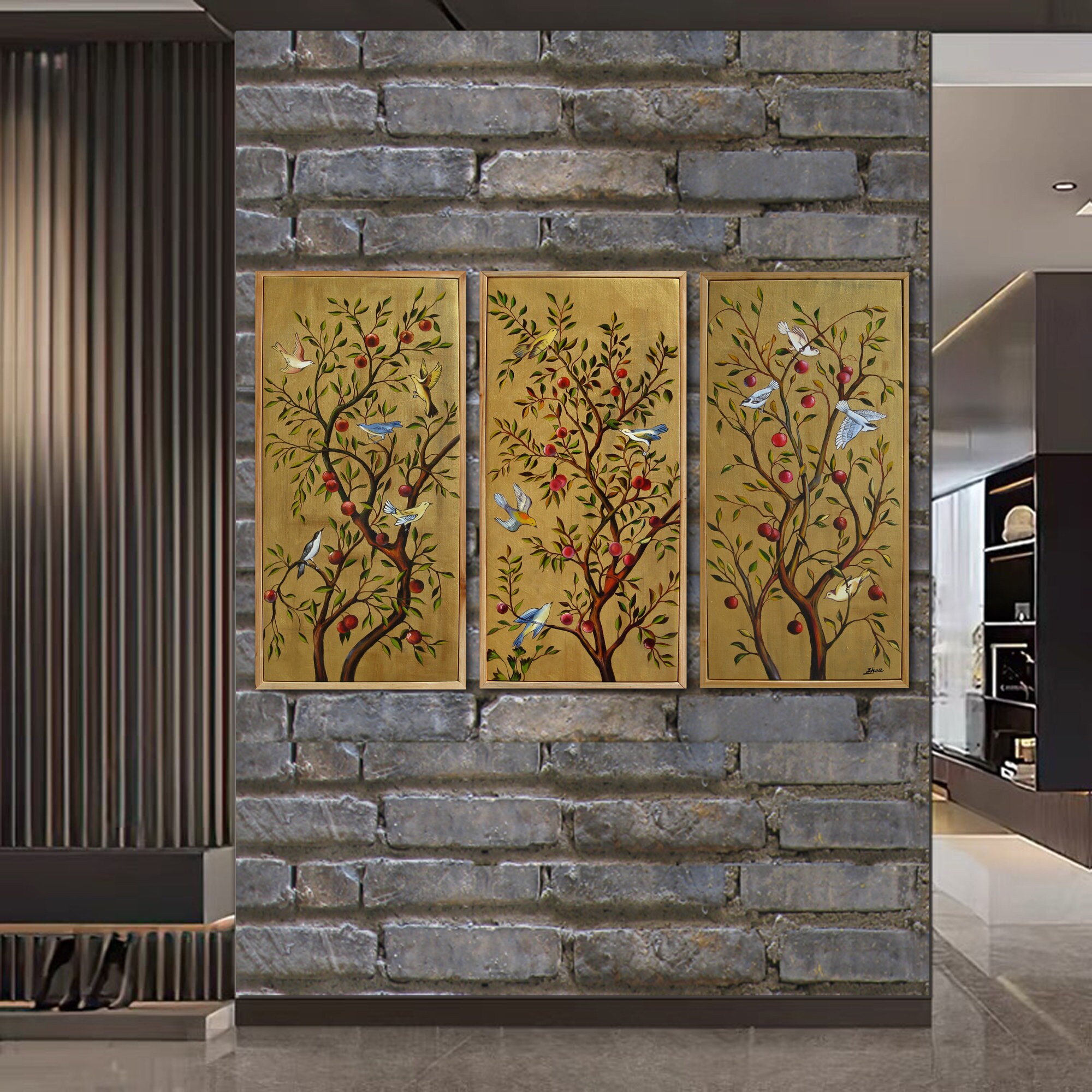 Framed Triptych Oil Painting: Birds in Fruit Trees, Large Wall Art - Etsy