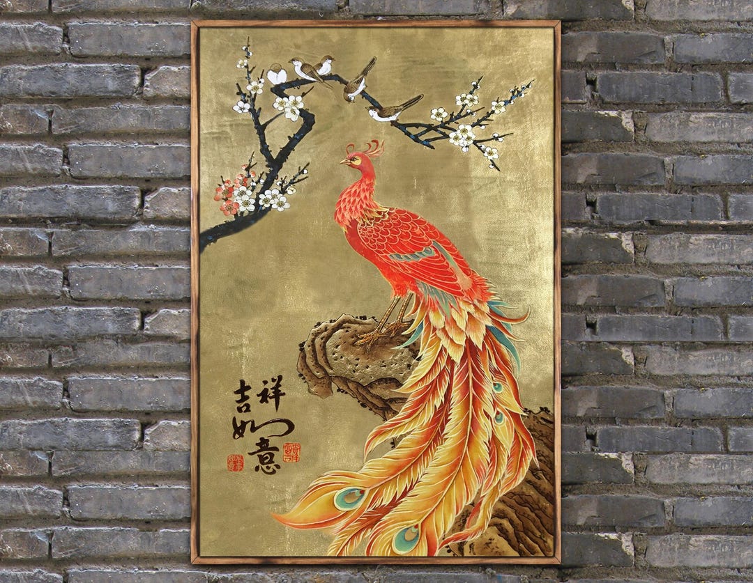 Gold Leaf Phoenix Oil Painting: Framed Textured Birds Flowers Art - Etsy