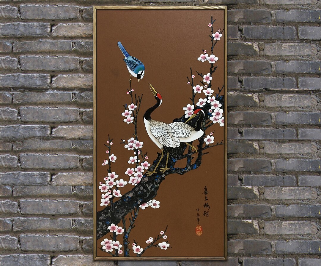 Handmade Crane Painting on Leather, Chinese Lacquer Art, Framed - Etsy