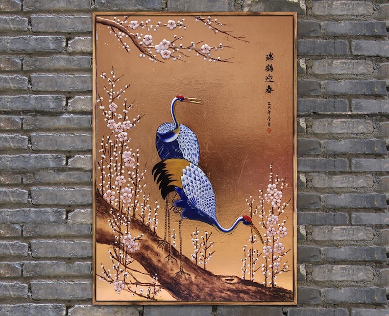 Rose Gold Leaf Crane Oil Painting: Textured Feng Shui Art, Framed - Etsy