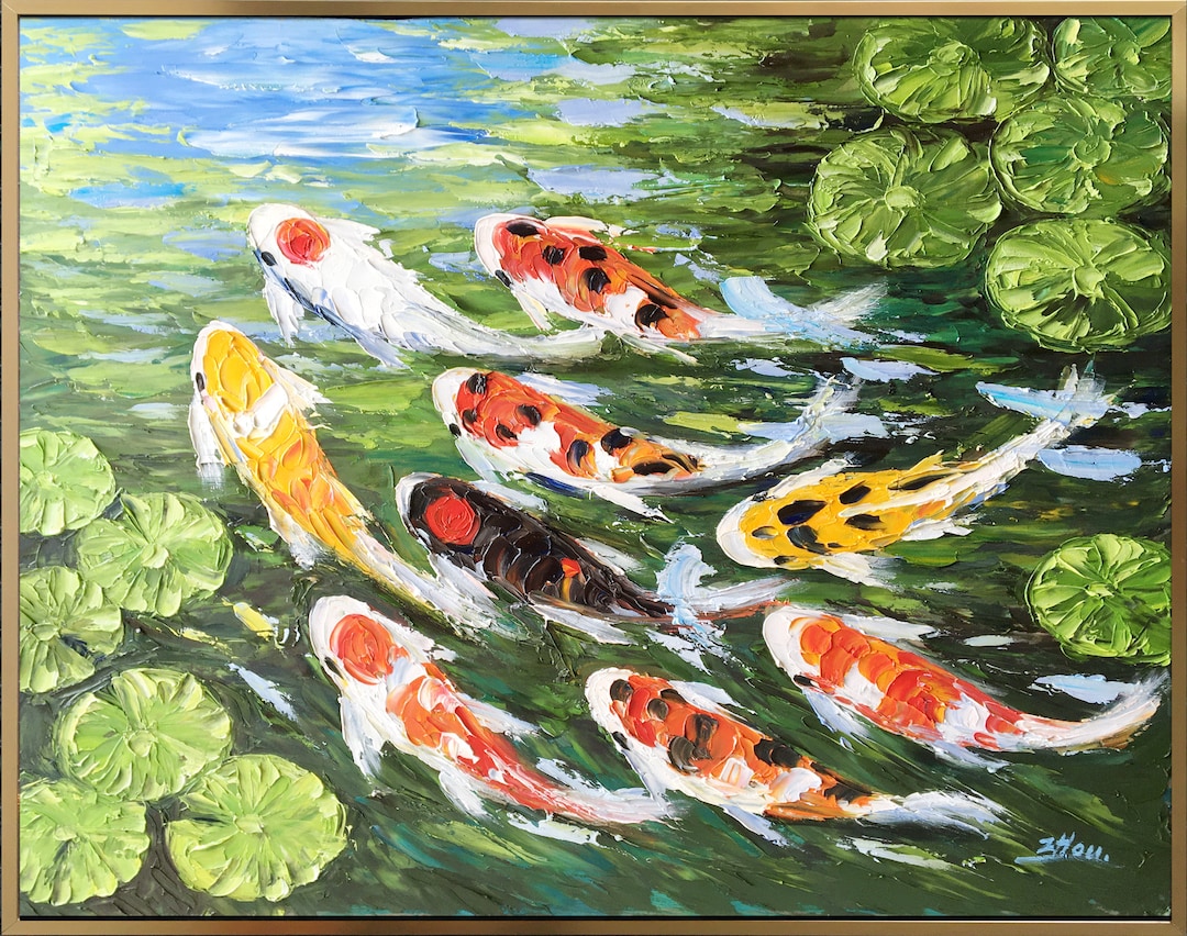 Original Oil Painting,9 Koi Fish Painting,palette Knife Painitng ...